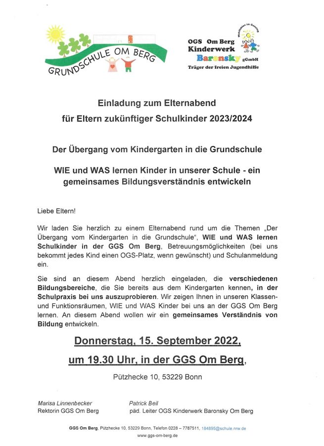 Einladung zum Elternabend für Eltern zukünftiger Schulkinder 2023/2024